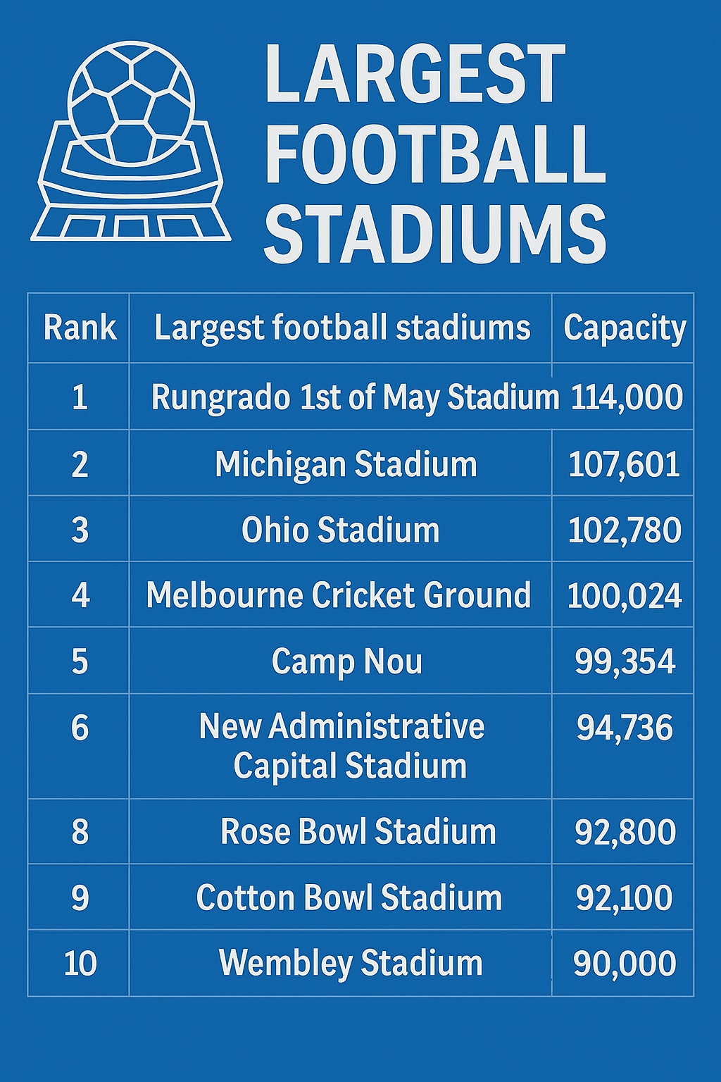The world's biggest football stadiums by capacity: Top 10 ranked in 2025